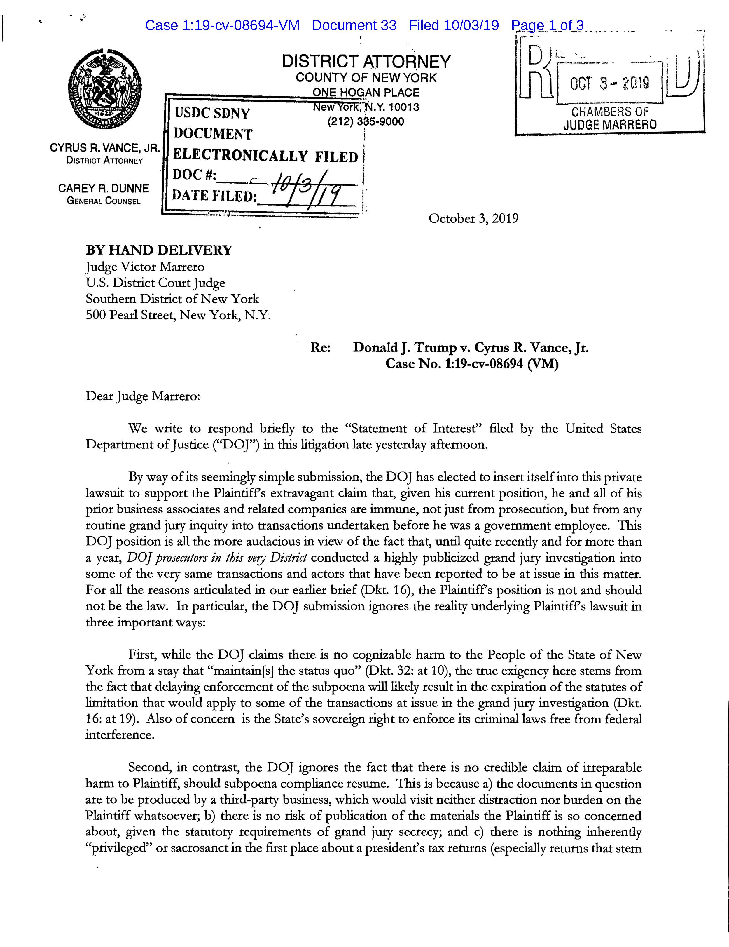 In #SDNY @Trump v Vance, Cy Vance’s office files reply to ...